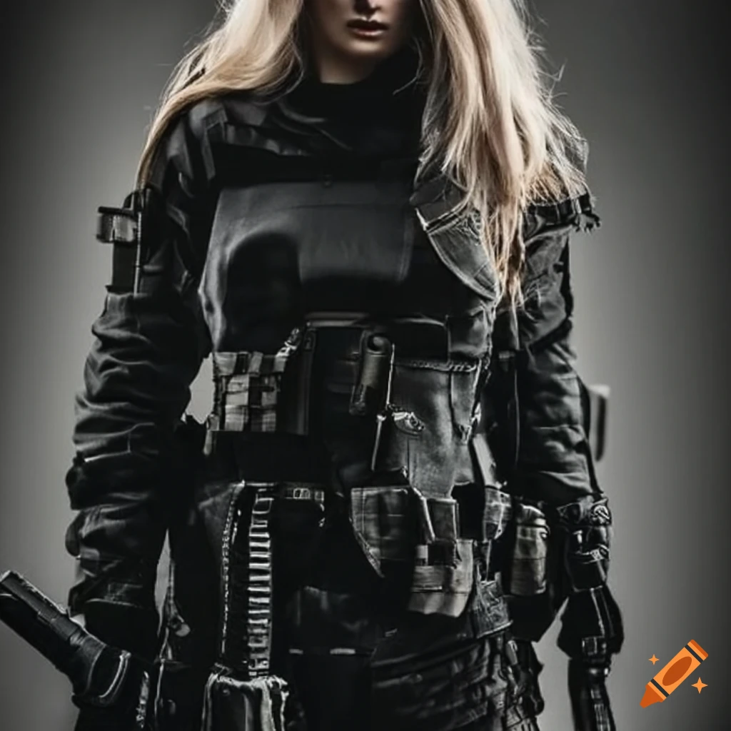 Badass soldier with dark long blonde locks and grey eyes in black ...