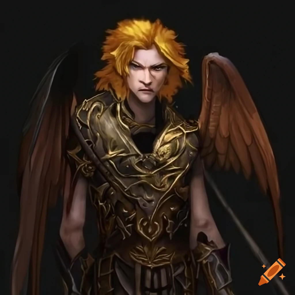 Aasimar with black wings and golden hair on Craiyon
