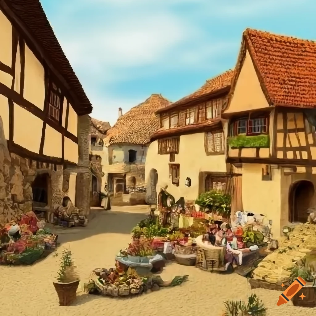 Detailed medieval village with bustling markets and stone buildings on ...