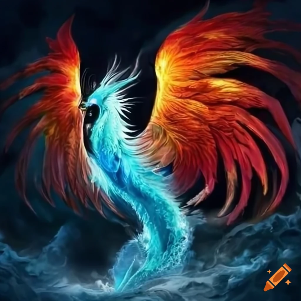 Mythical phoenix reborn in fire and water on Craiyon