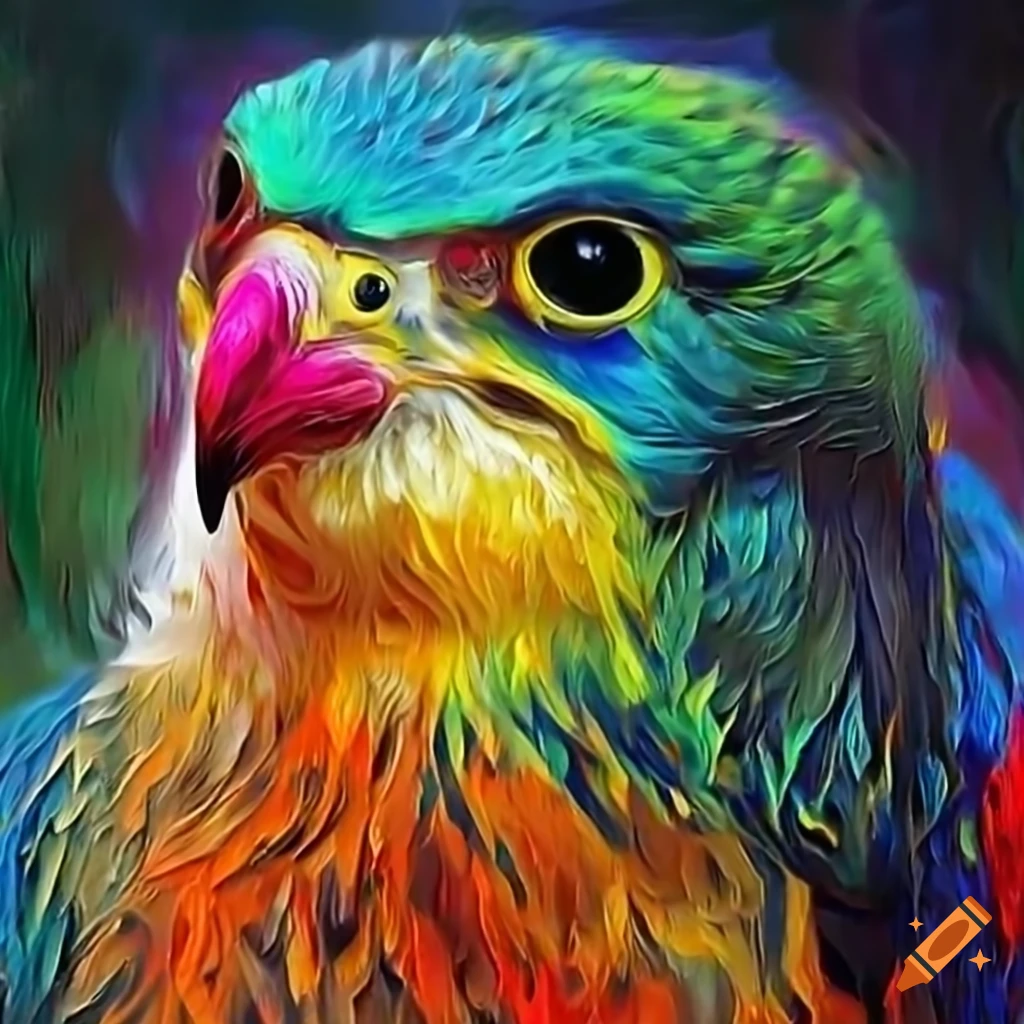 Colorful falcon in red, blue, green, and yellow hues on Craiyon