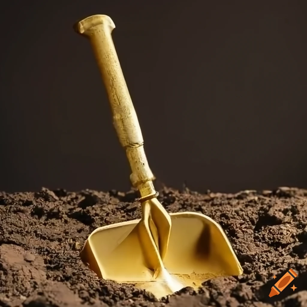 Gold shovel in front of a deep hole in the ground on Craiyon
