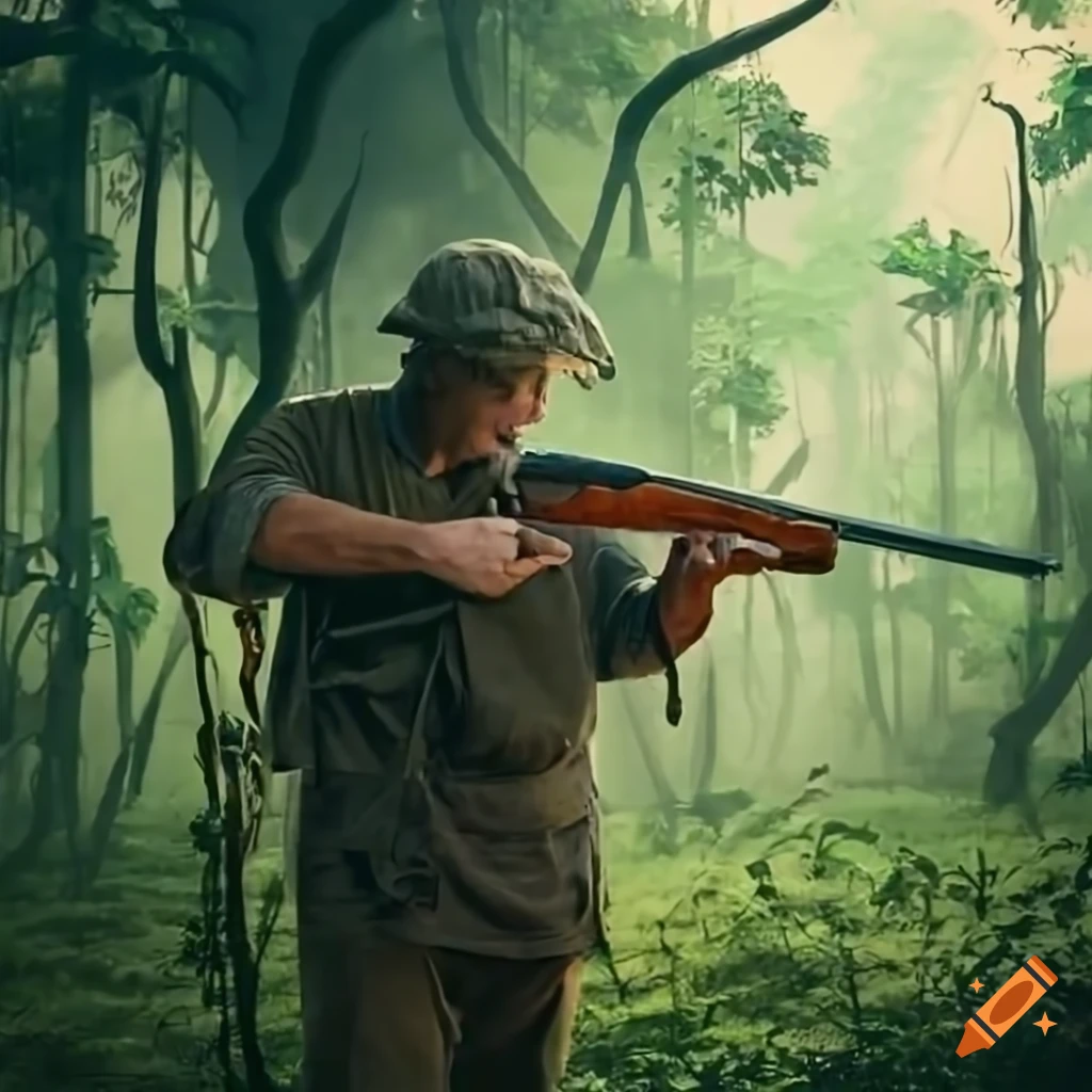 Man holding rustic hunting rifle in dense jungle on Craiyon