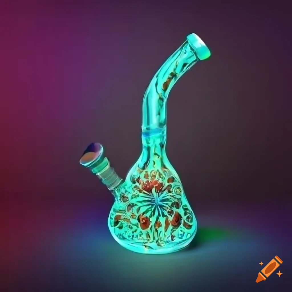 Intricate marijuana leaf patterns in a glass bong with colorful neon ...