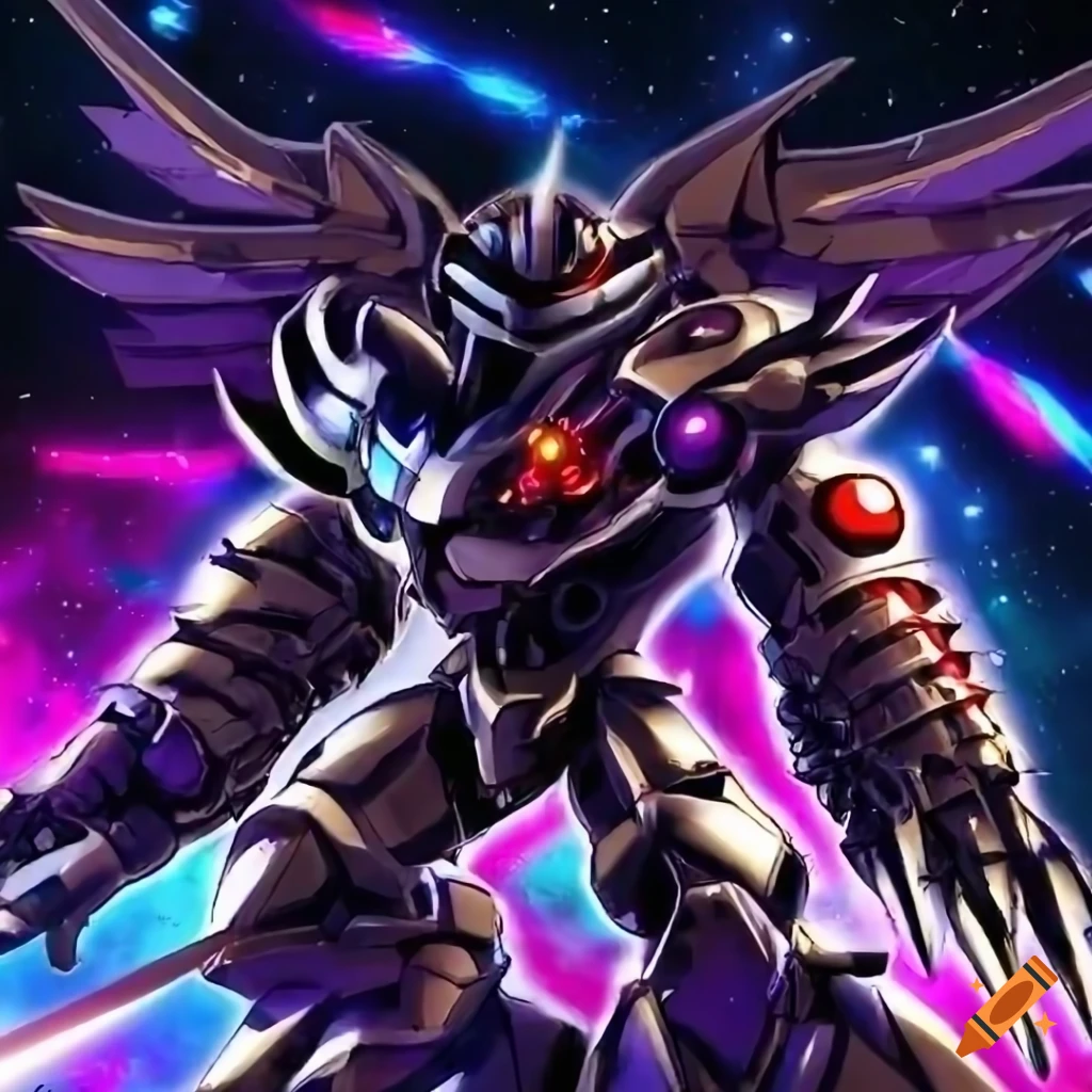 Digimon knight mecha in a space battle with galactic background on Craiyon