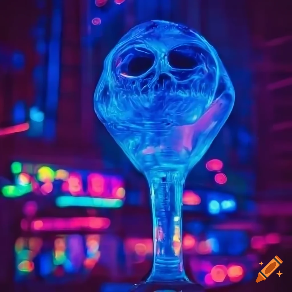 Glowing alien creature drinking in a cyberpunk cityscape during a ...