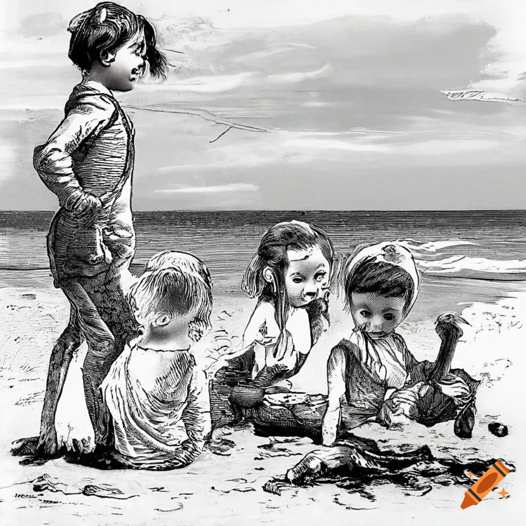Children playing at the beach in a 1800s style etching on Craiyon