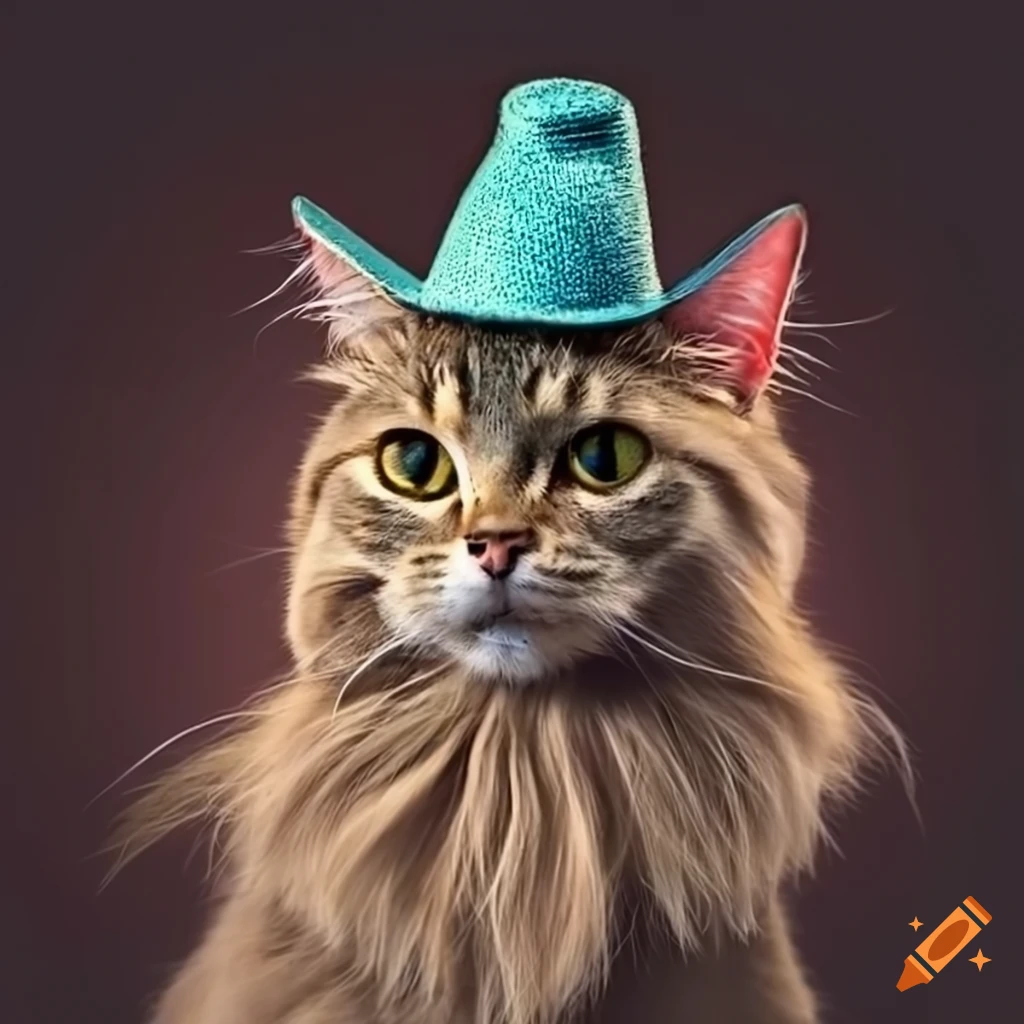 Long haired cat with a hat and cane on Craiyon