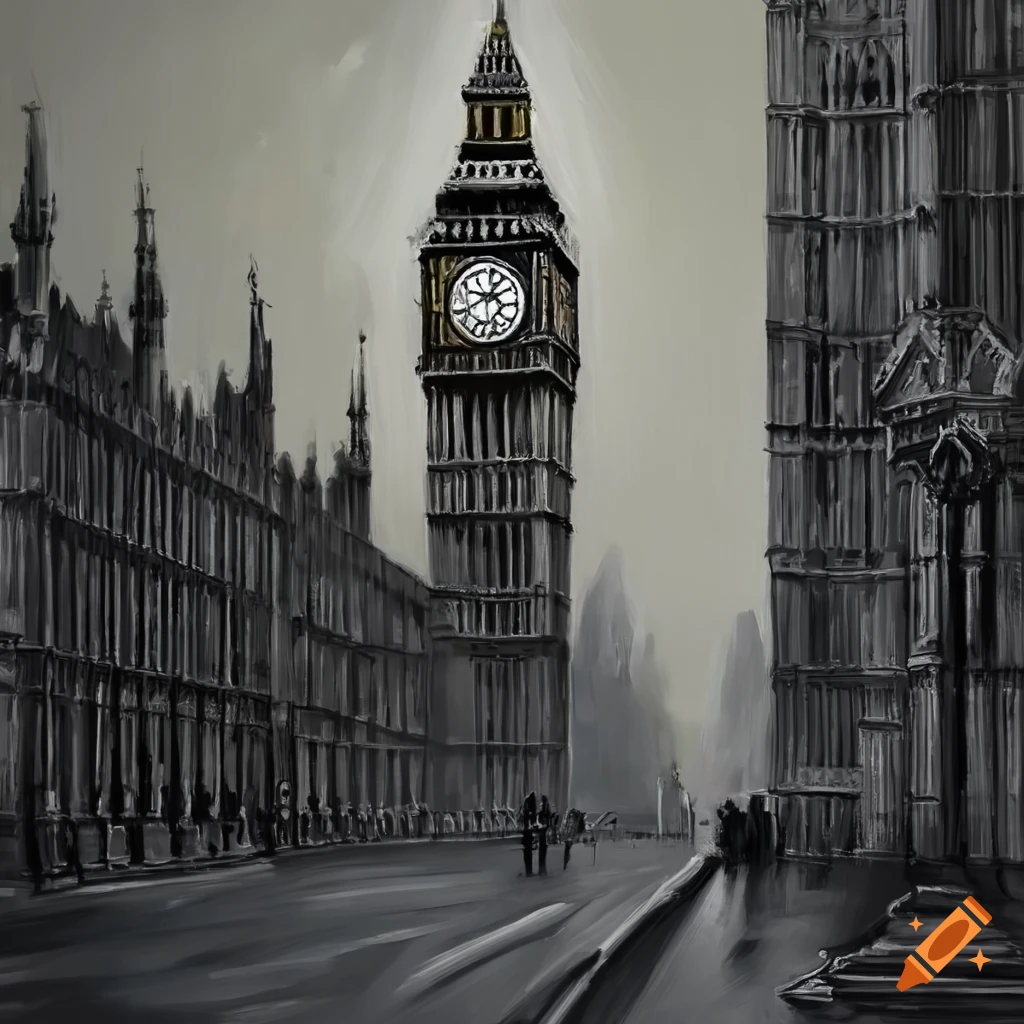 Oil painting of Big Ben and London in greyscale on Craiyon