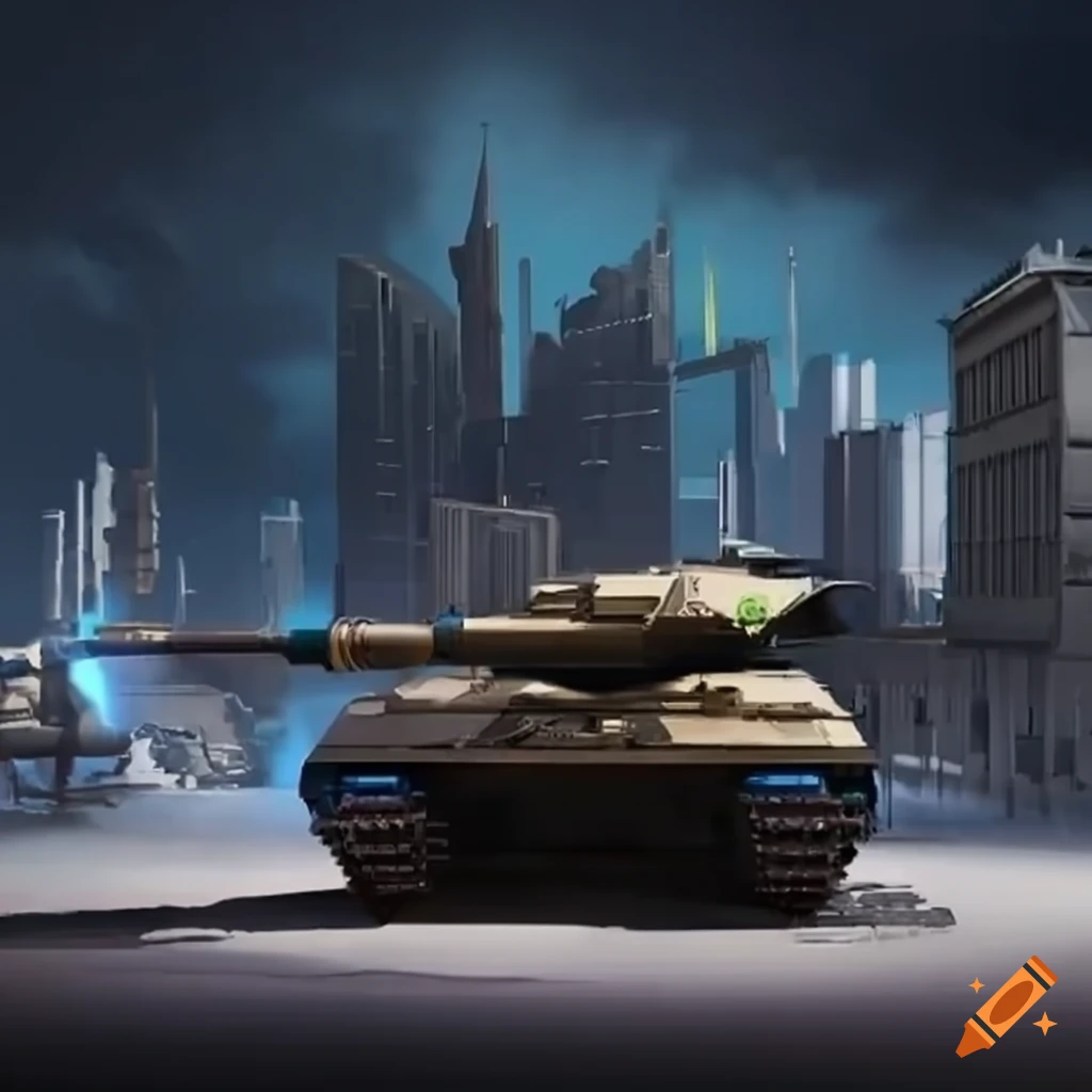 Sleek future tank firing a rocket in a digital metropolis setting on ...