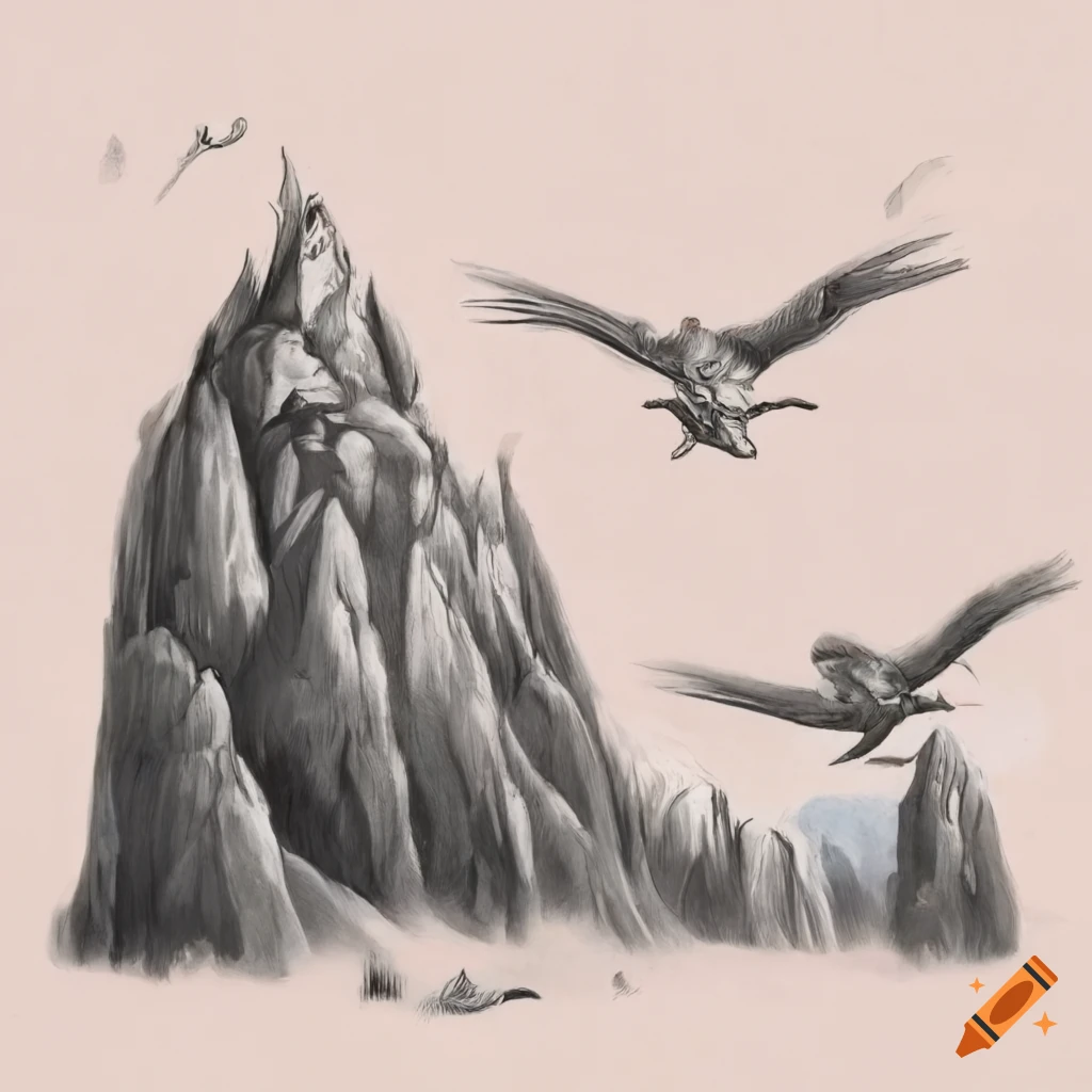 Medieval style giant birds attacking pilgrims in a crystal mountain ...