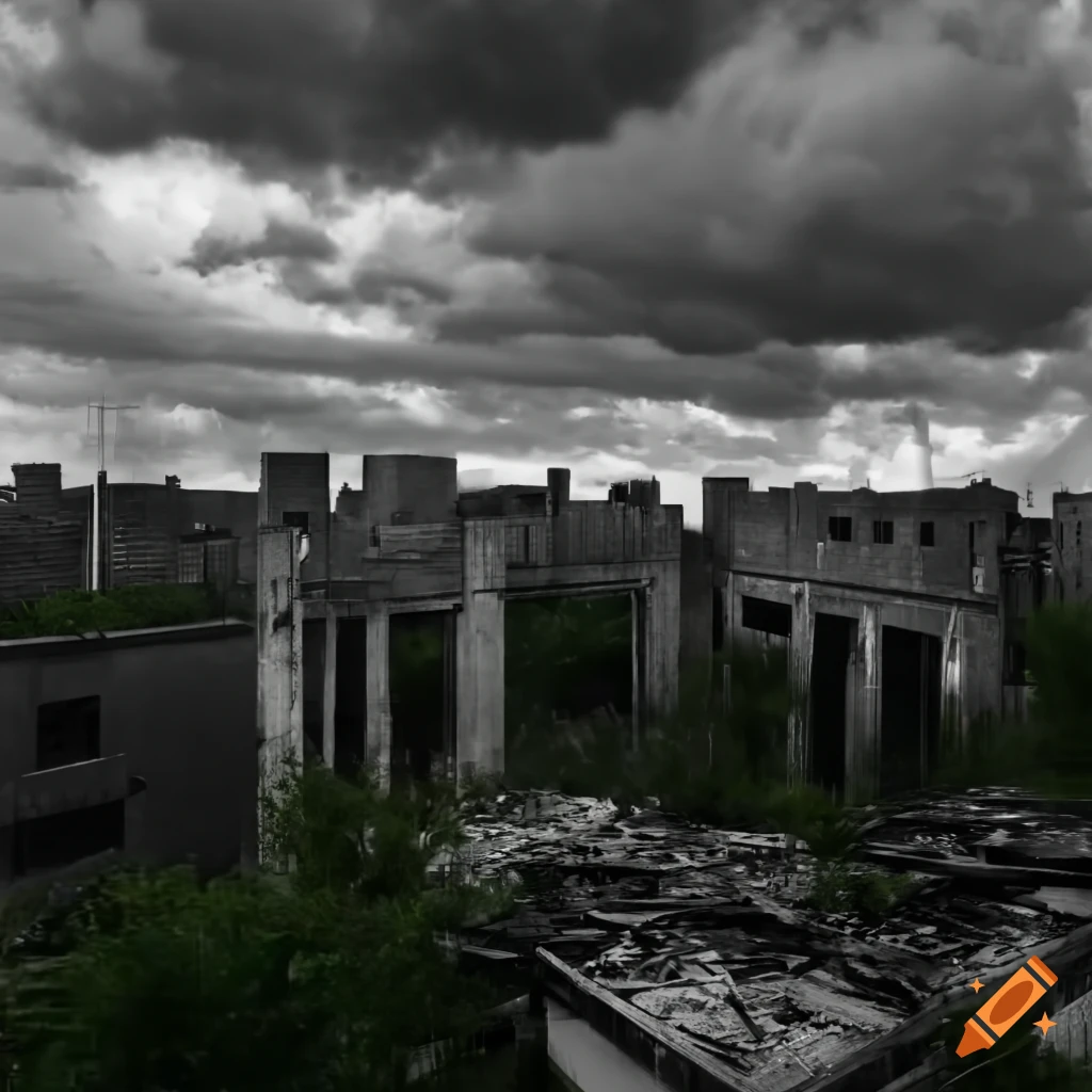 Abandoned urban space overtaken by vegetation with dark clouds and sun breaking through on Craiyon