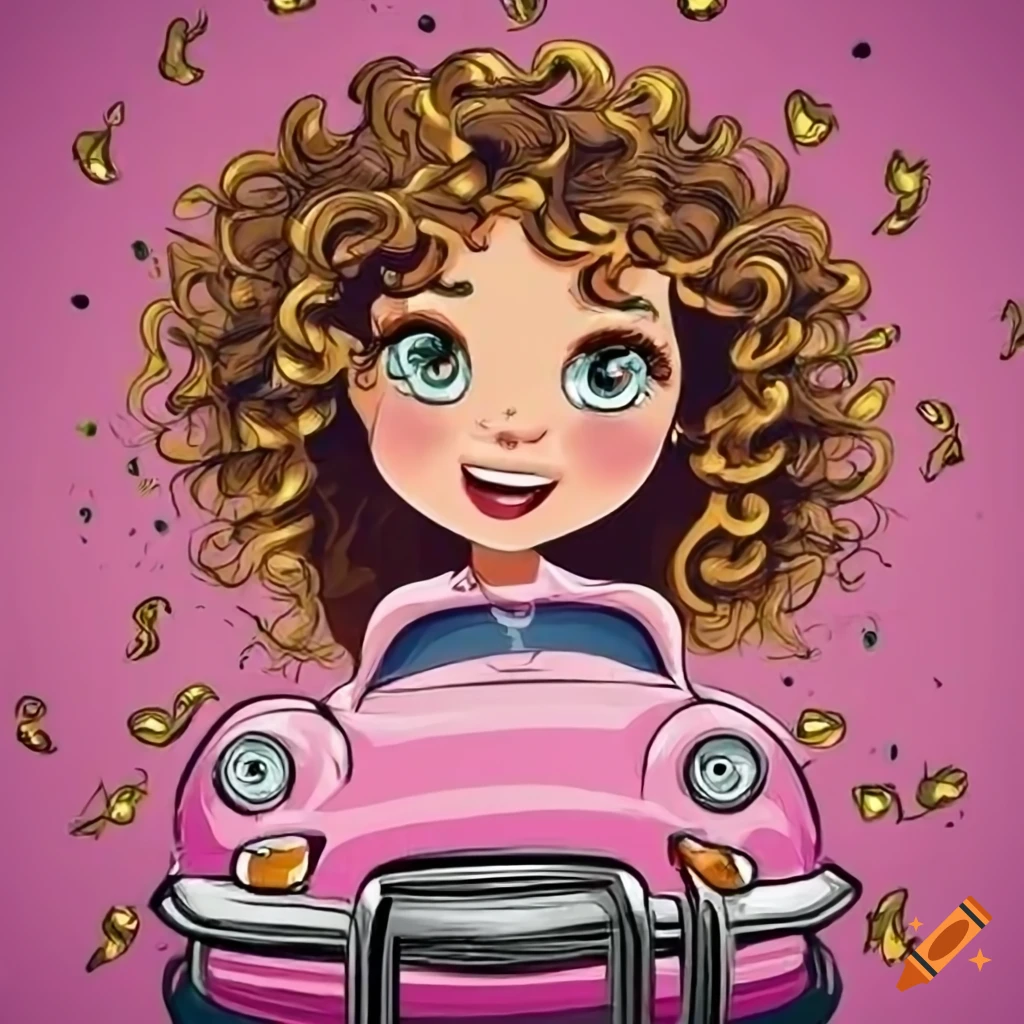 Princess with brown curly hair driving a pink car in a happy comic ...
