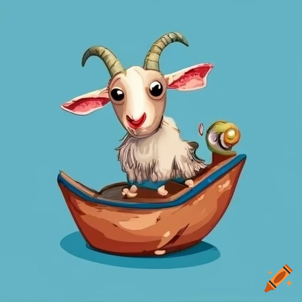 Quirky illustration of a goat sailing a tiny boat with a snail ...