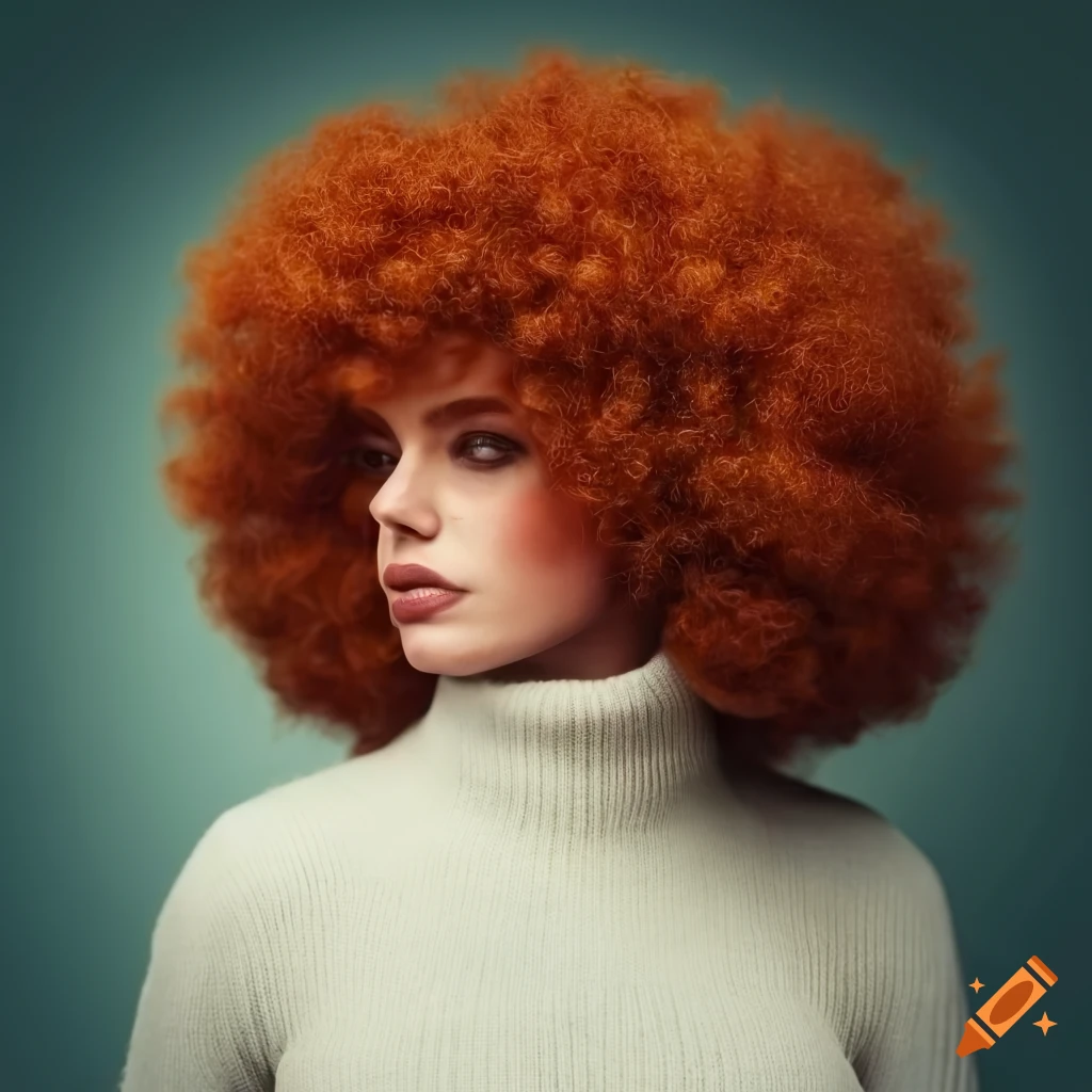 Portrait Of A Beautiful Redhead Woman With A Massive Afro In A White