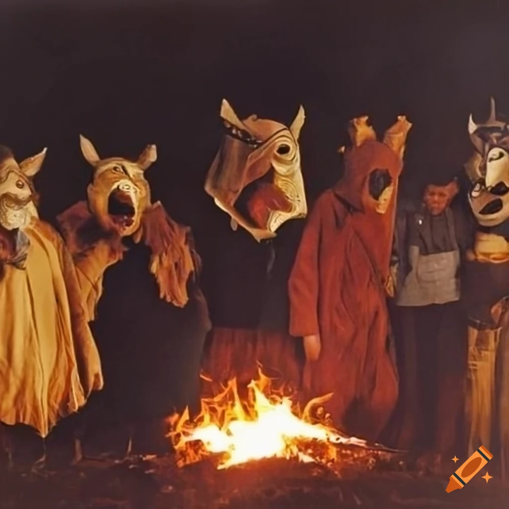 People in animal masks at a bonfire in a vintage photo on Craiyon