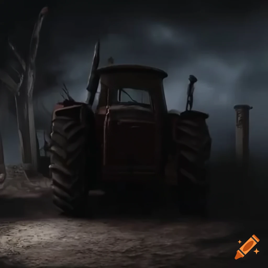 Horror movie scene with a tractor and Tibo InShape on Craiyon