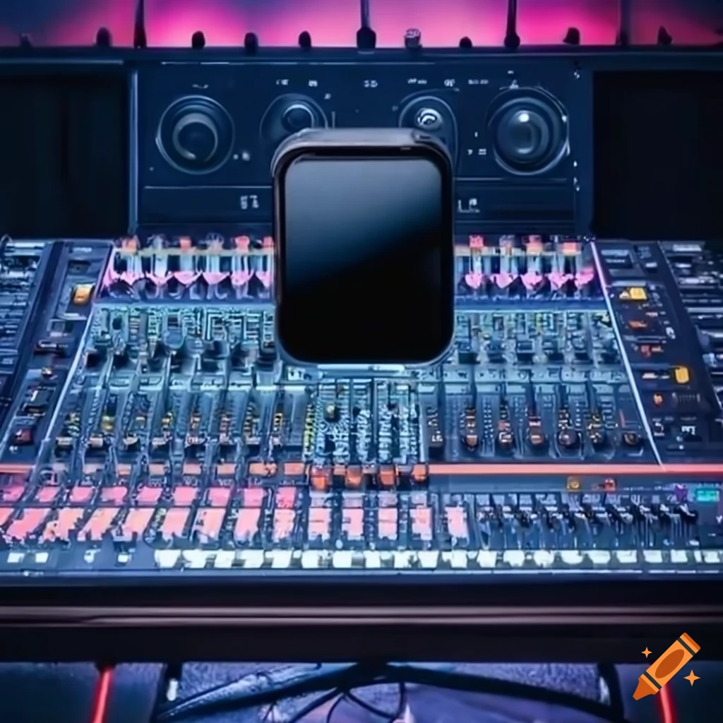 Smartphone on a mixing console in a modern recording studio on Craiyon