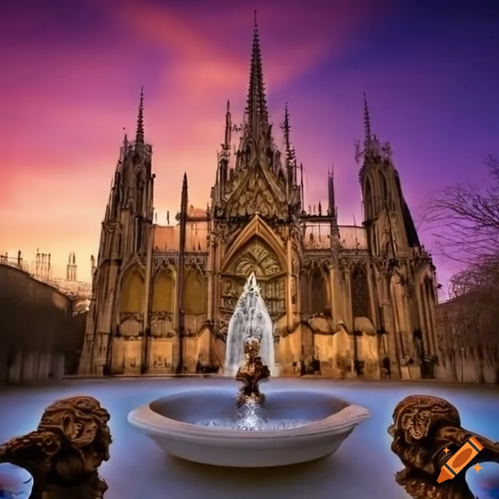 Gothic architecture with arches and angel statues on a towering ...