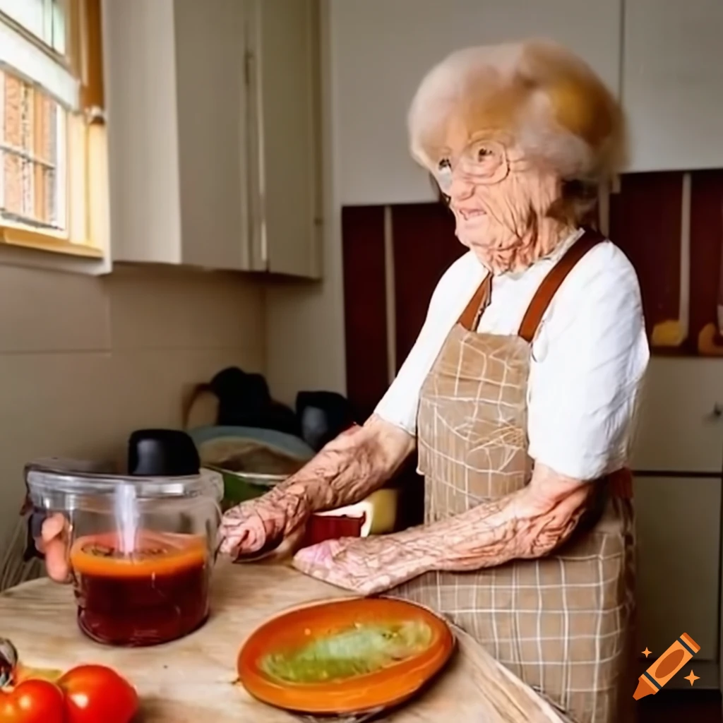 Woman canning homemade tomato juice with a vintage flair on Craiyon