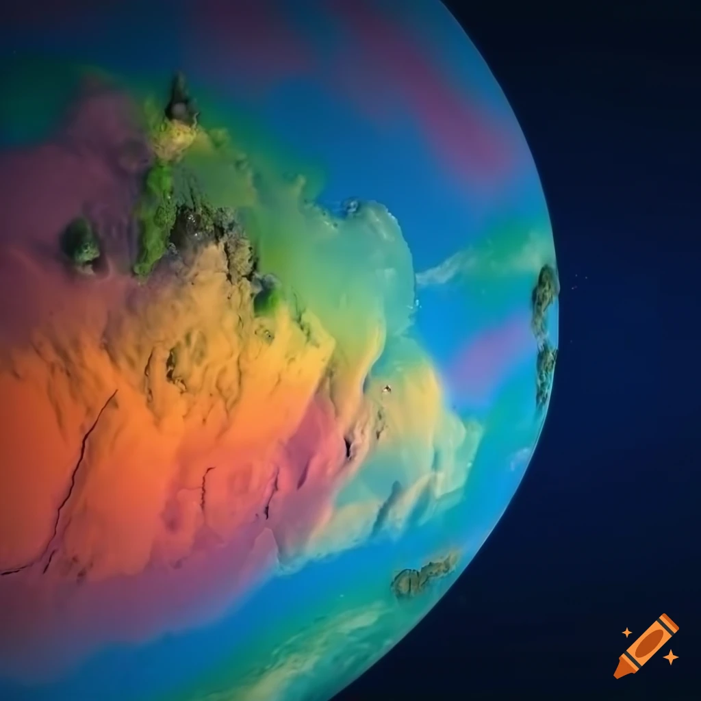 Exotic water planet with scattered islands and rainbow colored seawater ...