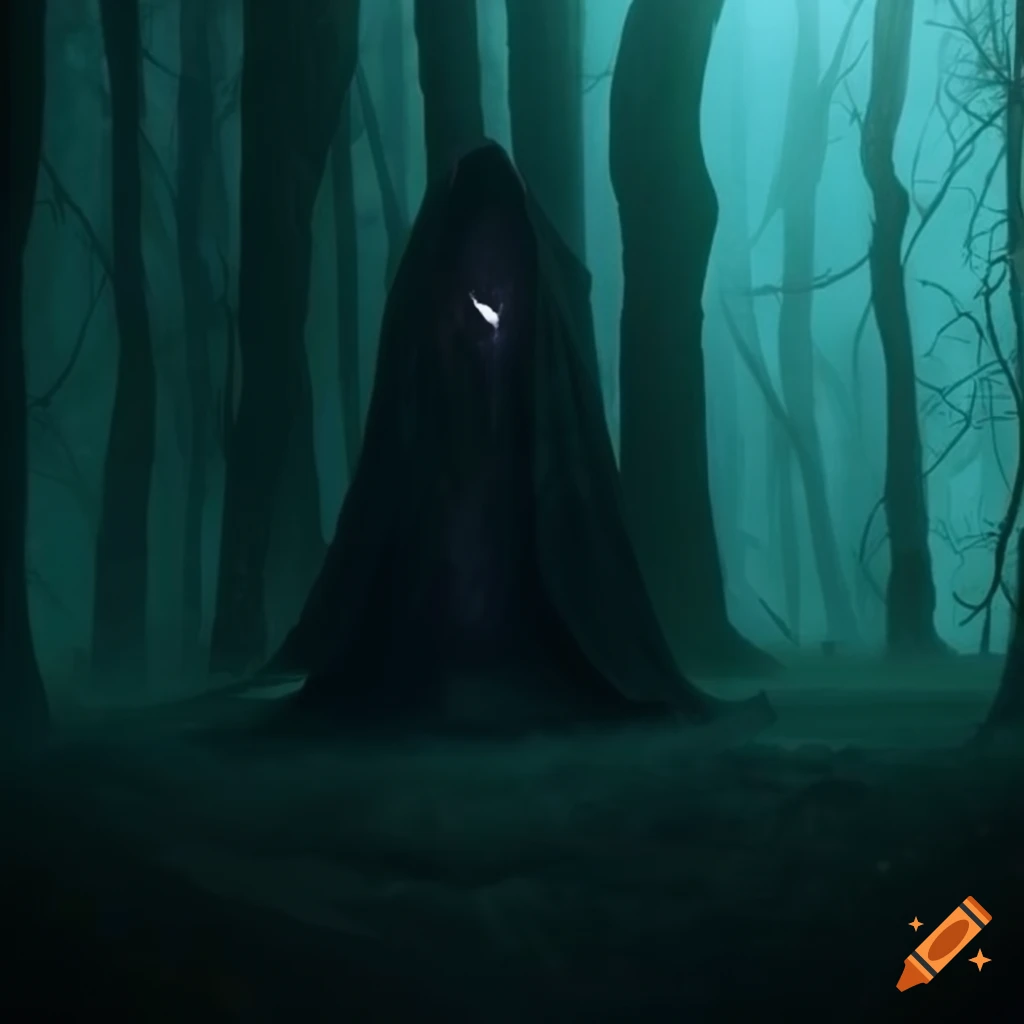 Shadowy figure emerging from misty forest depths on Craiyon