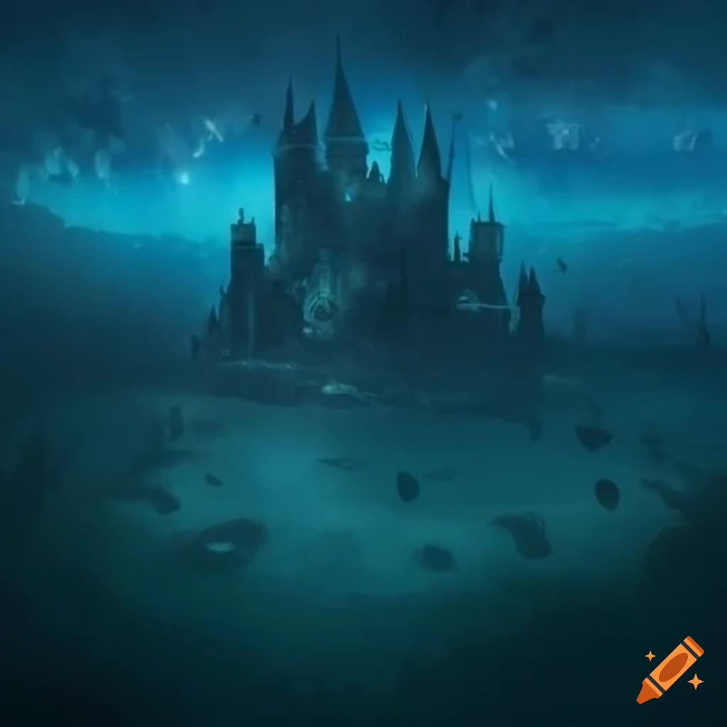 Underwater castle with neon accents in a nighttime depth scene on Craiyon