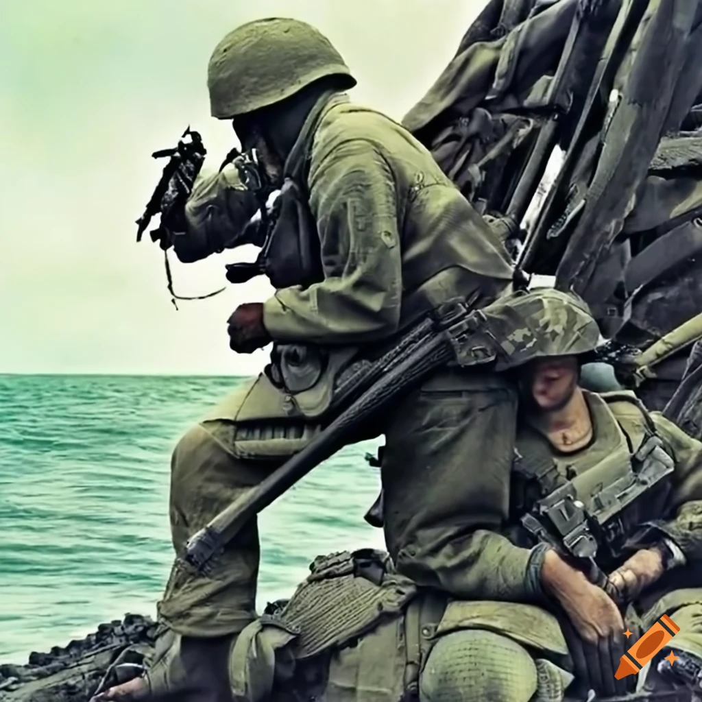 U.S. Marine patrolling in Iwo Jima during WWII on Craiyon
