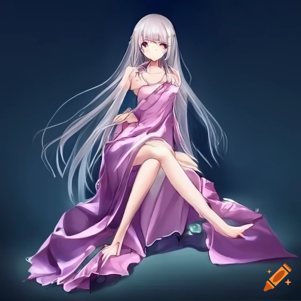 Beautiful Anime Girl Sitting In A Silky Dress On Craiyon