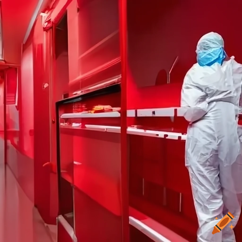 Red laboratory with people wearing white patient gowns on Craiyon
