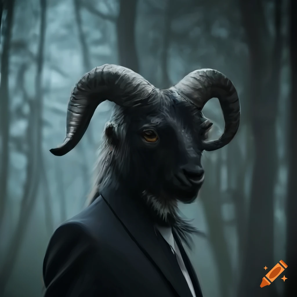 Dark oil portrait of a creepy humanoid goat in a forest under the full ...