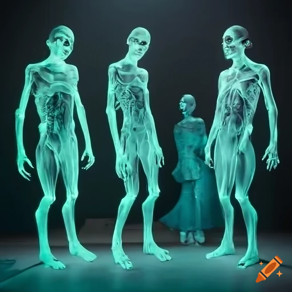 Group of glowing alien ghosts posing in a futuristic bar on Craiyon