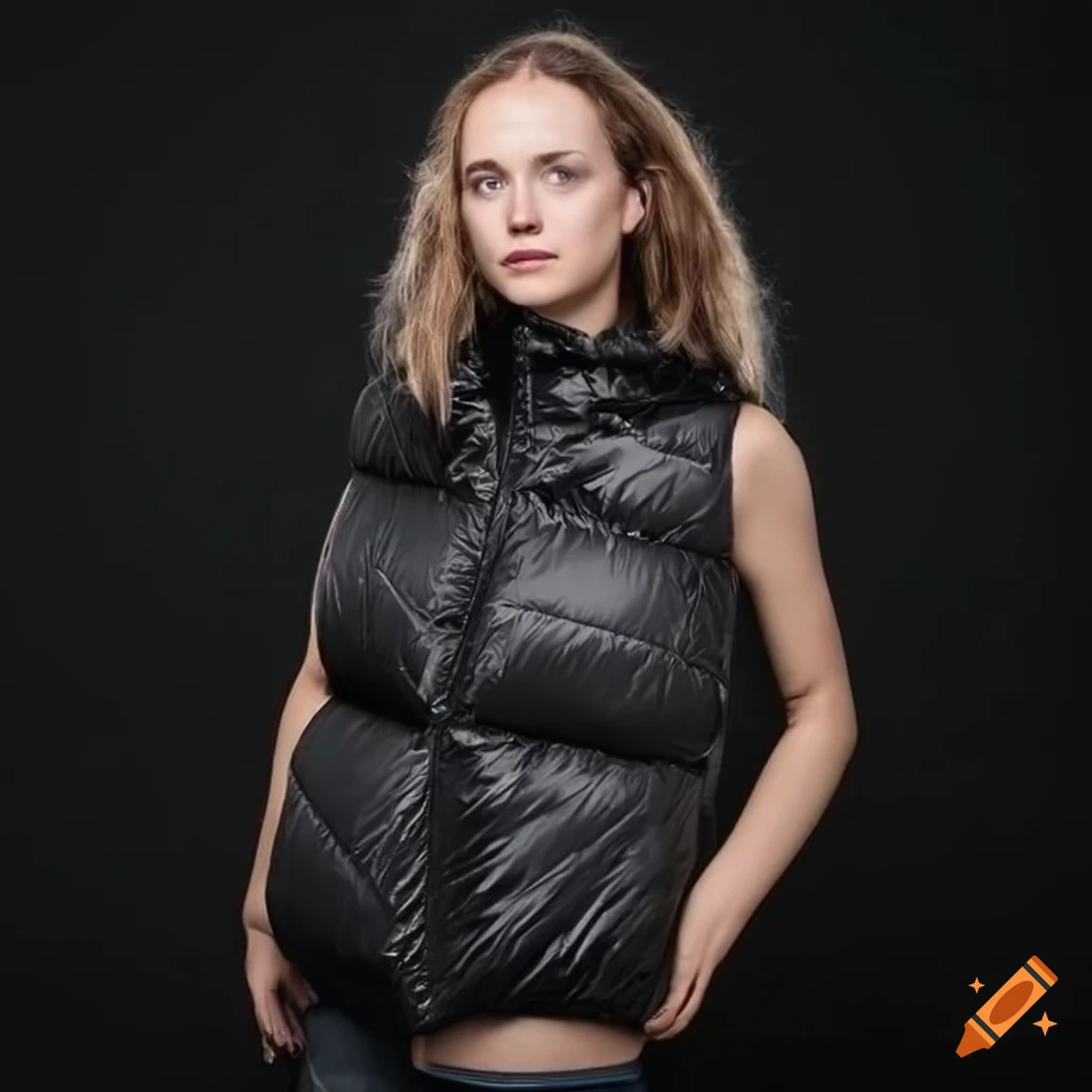 Woman in an unbuttoned black puffer vest on Craiyon