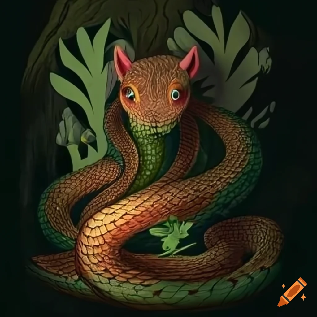 Surrealistic dark forest with exotic flowers and a snake in an animal ...