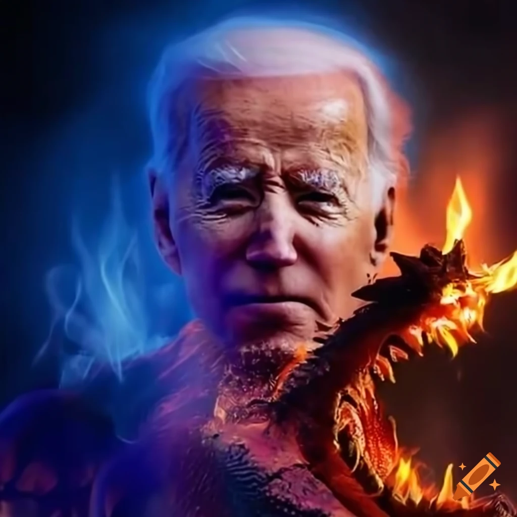 President biden as a wizard battling a dragon in a magical landscape on ...