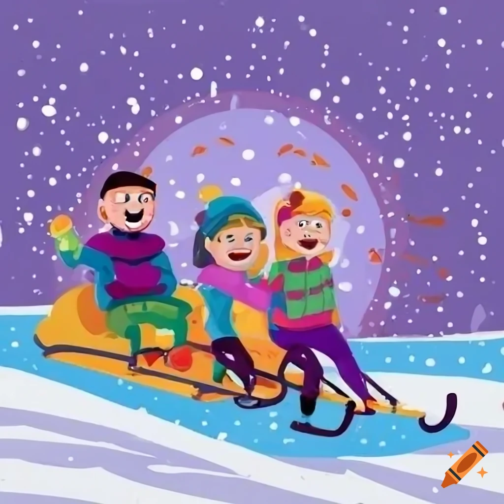 Group of people riding sleds in the snow under the sunny sky on Craiyon