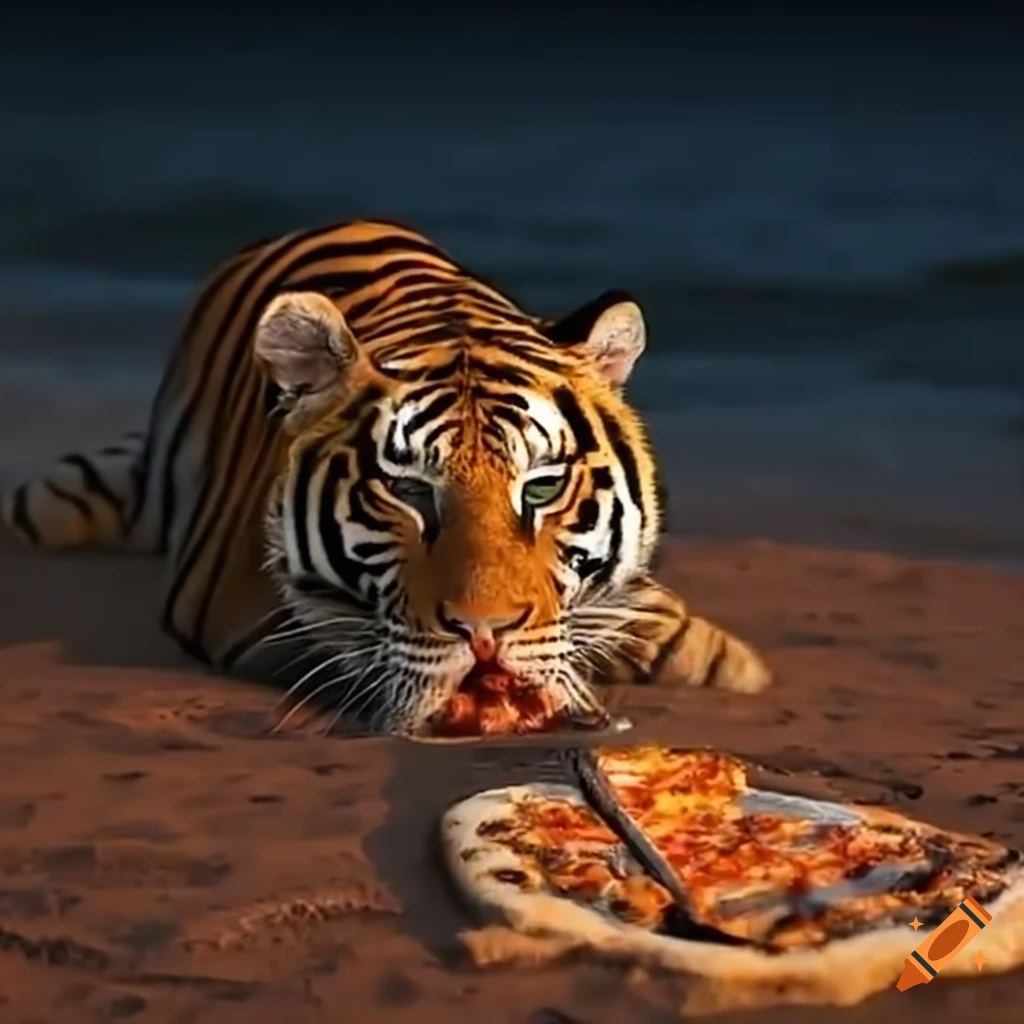 Tiger eating pizza on the beach on Craiyon