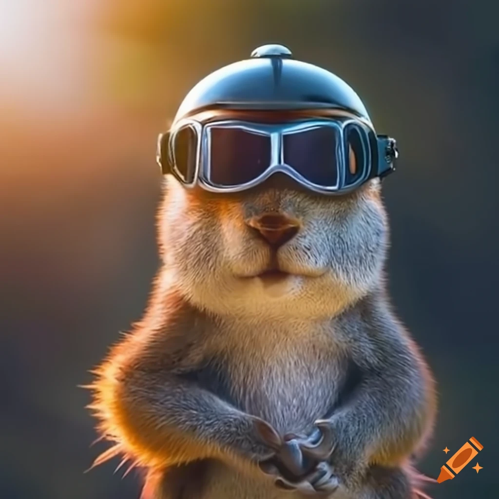 Cartoon squirrel with a motorcycle helmet and goggles on Craiyon