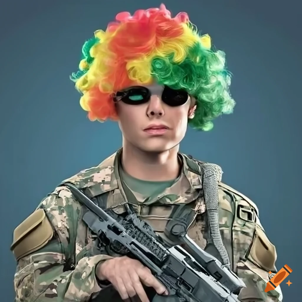 US army soldier wearing a rainbow wig on Craiyon