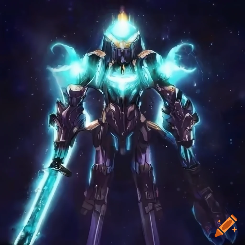 Celestial knight-mecha in space battle with explosion background on Craiyon
