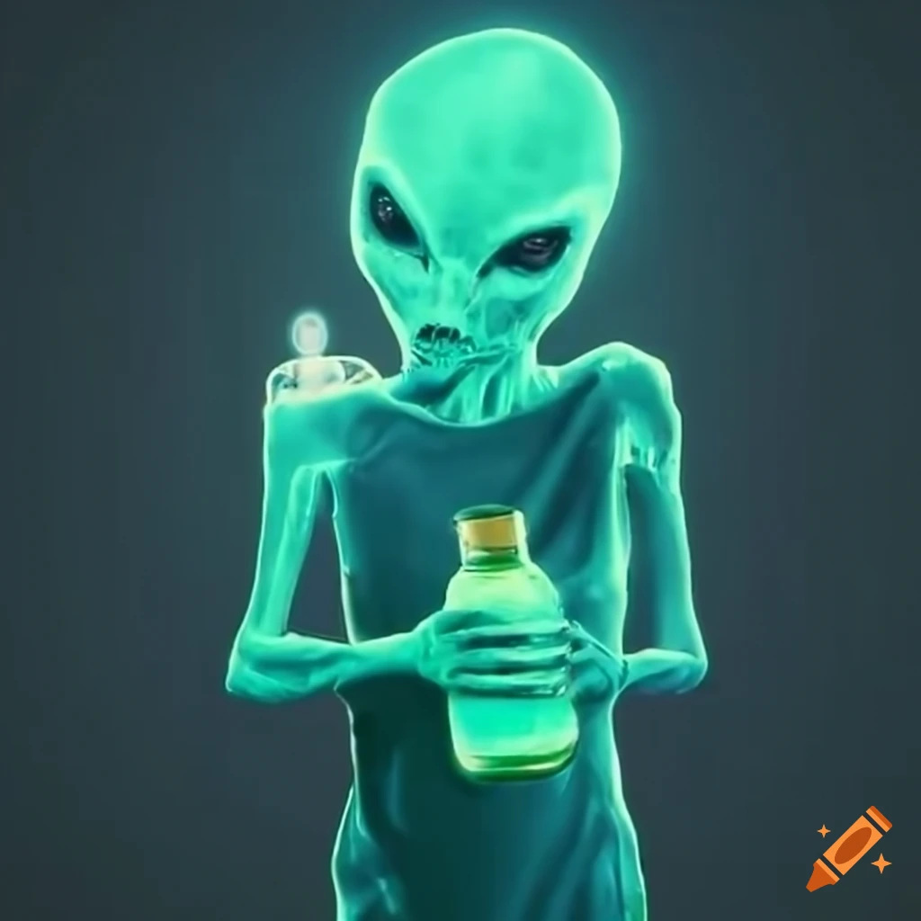 Glowing fluorescent ghost alien with a beer bottle at night on Craiyon