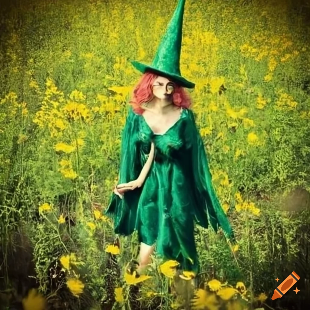 Green witch in a field of flowers on Craiyon