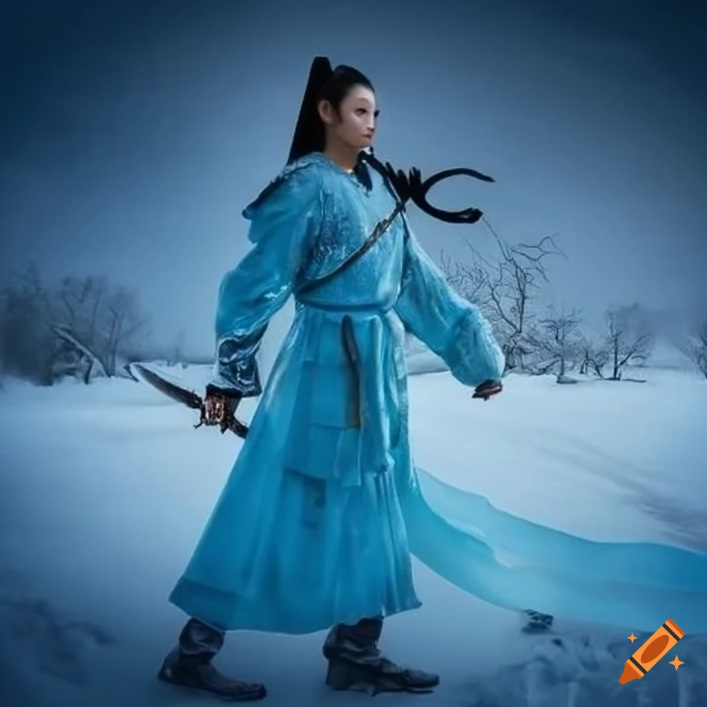 Traditional chinese warrior in ice blue robes posing in snowy ...