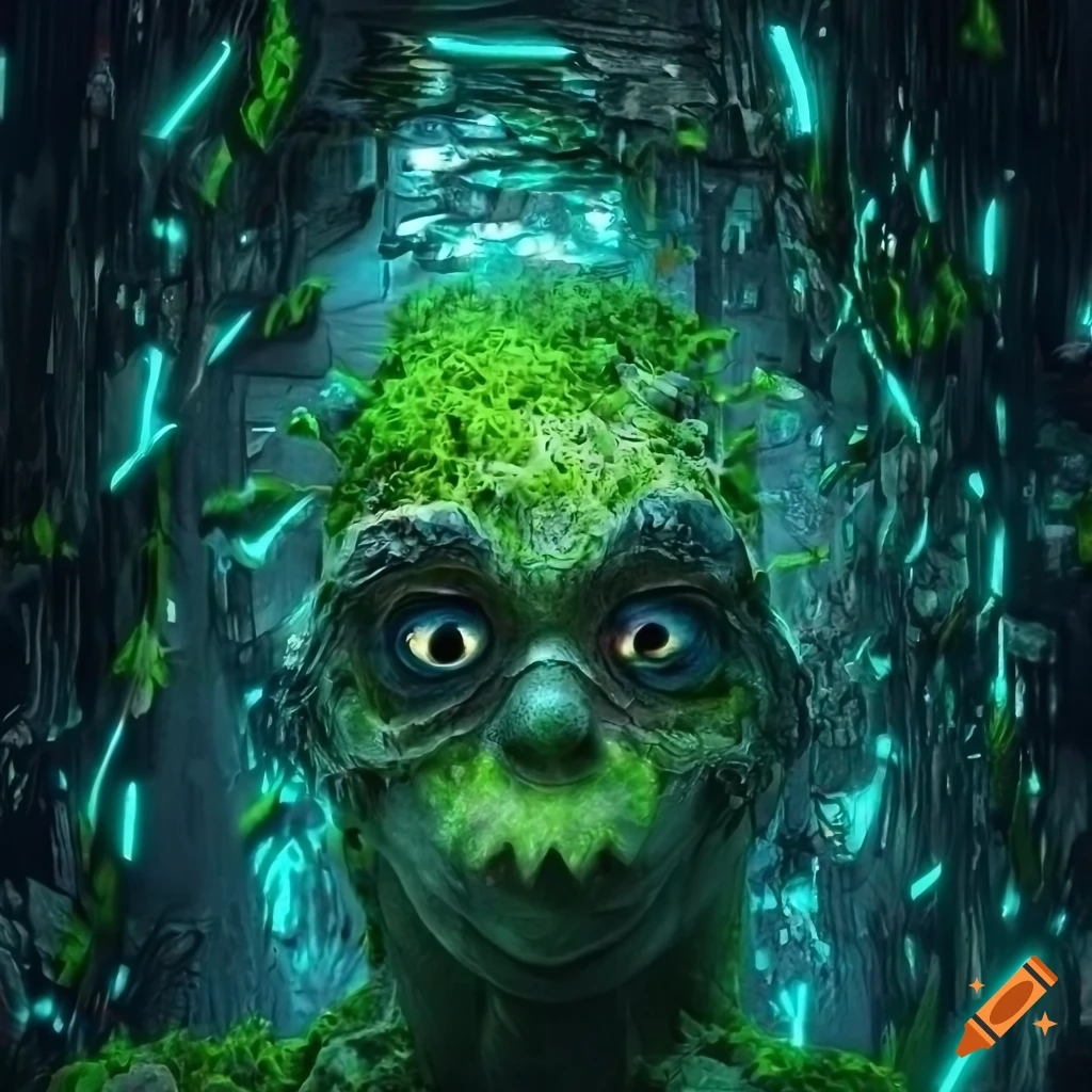 Biopunk cityscape with glowing green moss, plants, mushrooms, and ...