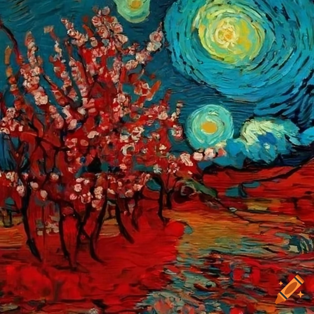 Almond blossom painting by van gogh in red tones on Craiyon
