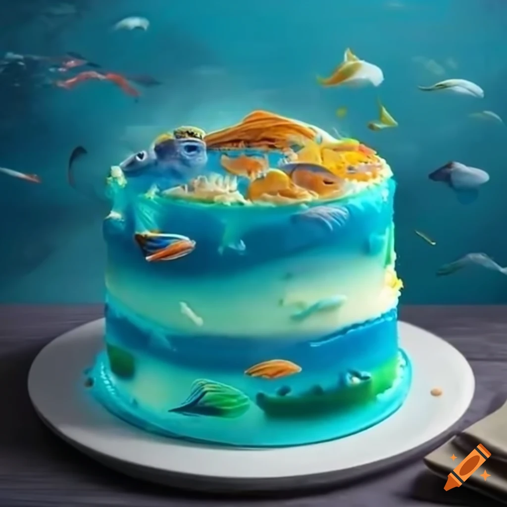 Jello cake with underwater theme and swimming fishes on Craiyon