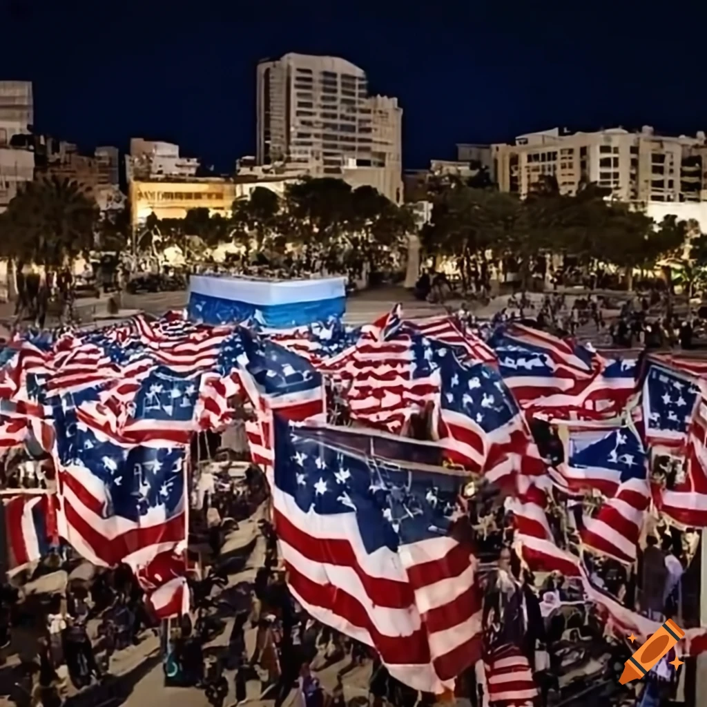Large crowd in rabin square, tel aviv, with israeli and usa flags and a ...