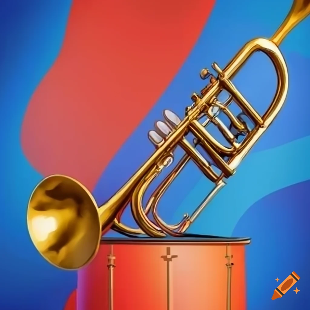 Poster with drum and trumpet in red, blue, and orange colors on Craiyon