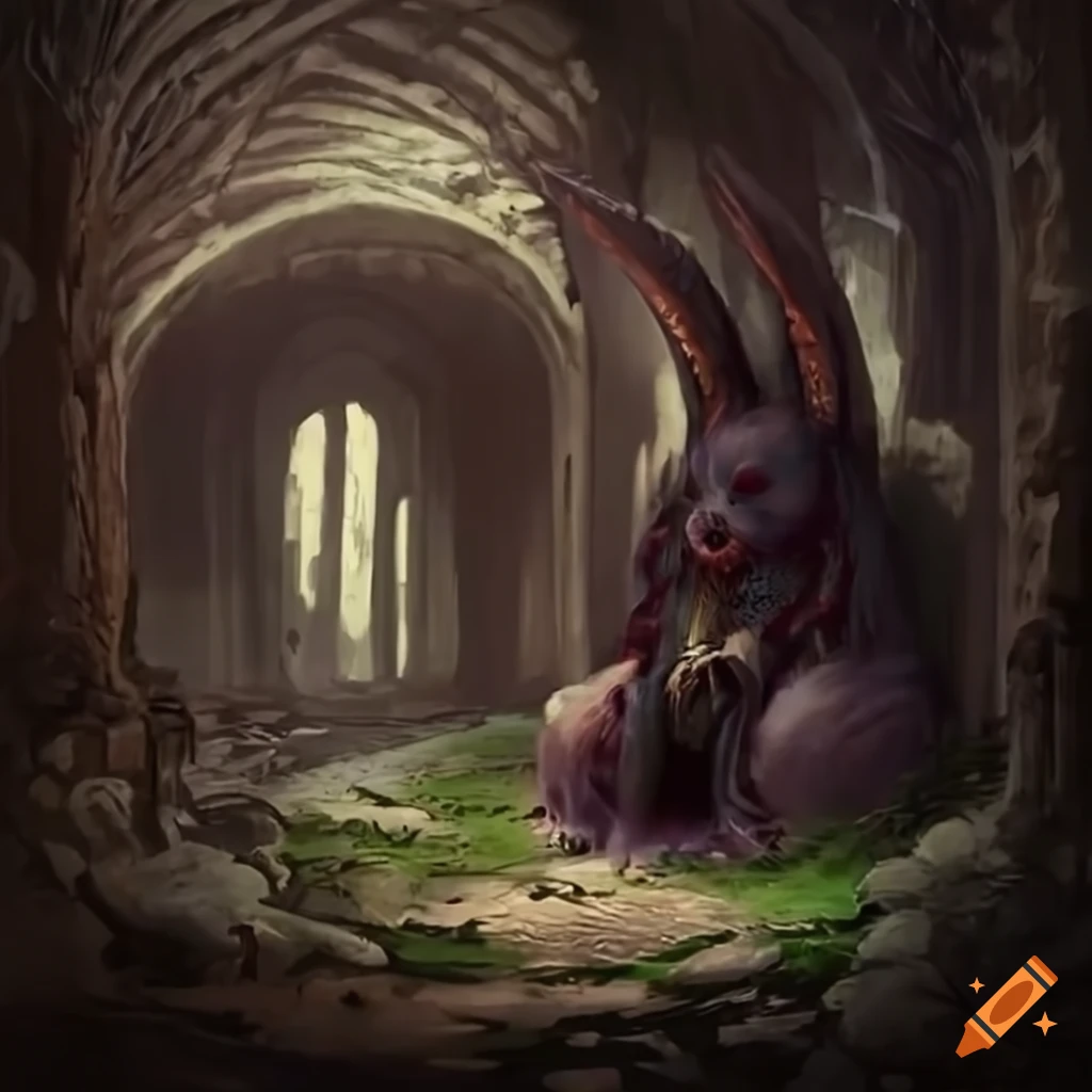 Melancholic rabbit throne in post-apocalyptic ruins on Craiyon