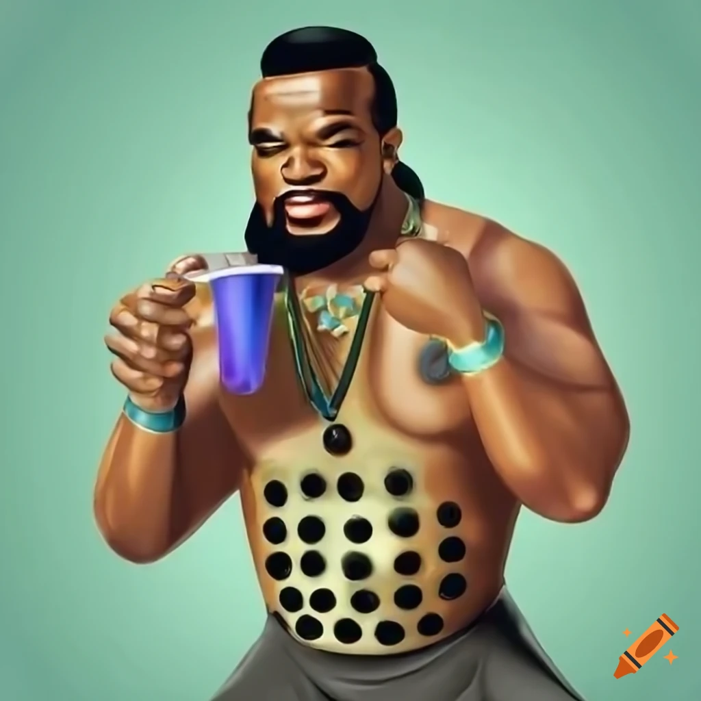 Realistic mr. t holding bubble tea on Craiyon